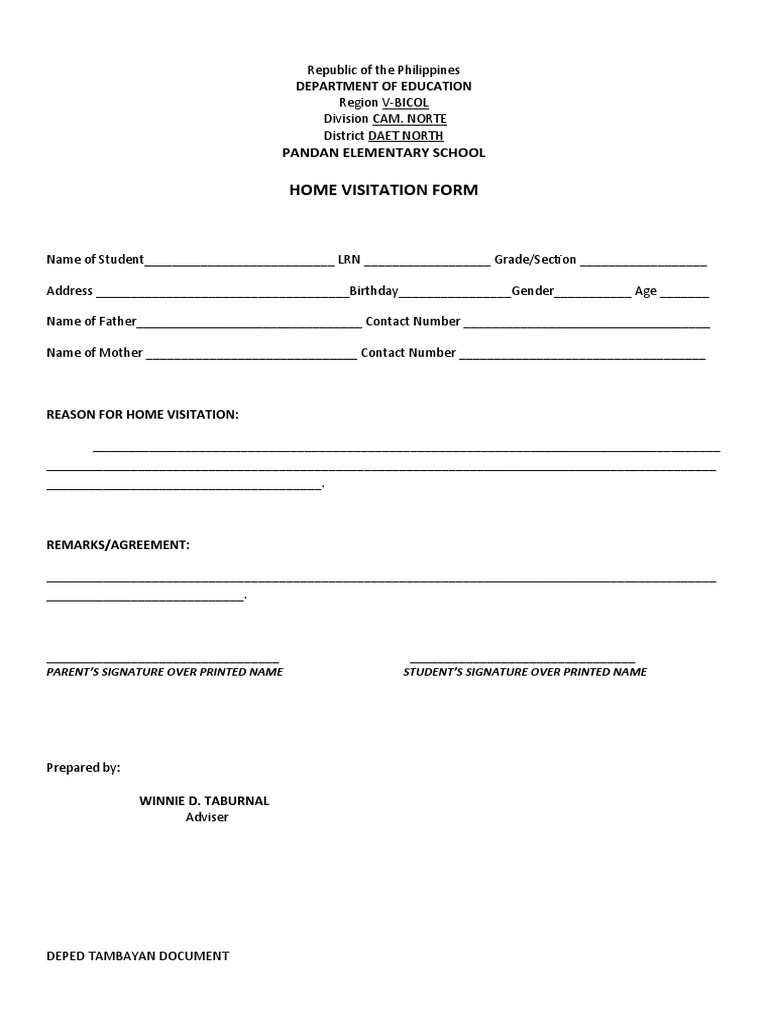 Pandan Elementary Home Visit Form | PDF
