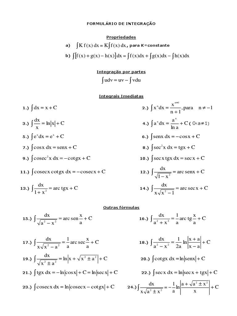 Tabela Das Integrais | PDF | Teaching Methods & Materials