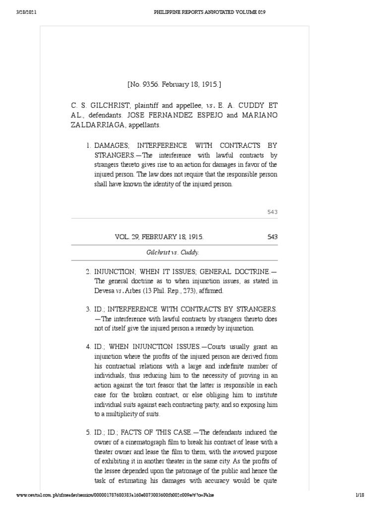 Gilchrist v. Cuddy, 29 Phil. 542 | PDF | Legal Remedy | Injunction