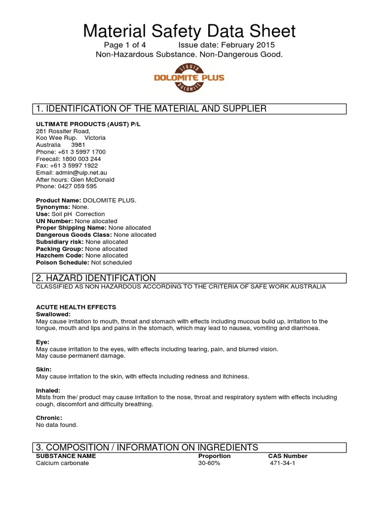 MSDS Dolomite Plus Soil Amendment | PDF | Personal Protective Equipment | Polyvinyl Chloride
