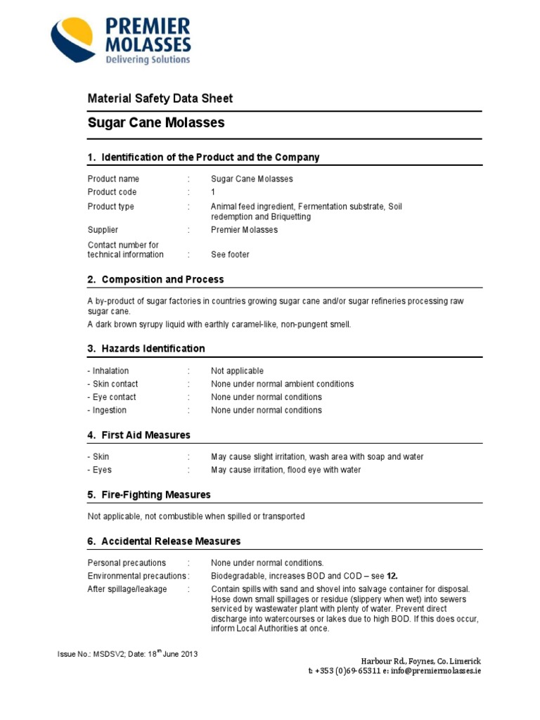Msds Sugar Cane Molases | PDF | Molasses | Sugarcane
