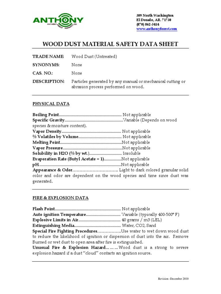 Wood Dust Material Safety Data Sheet: 309 North Washington El Dorado ...
