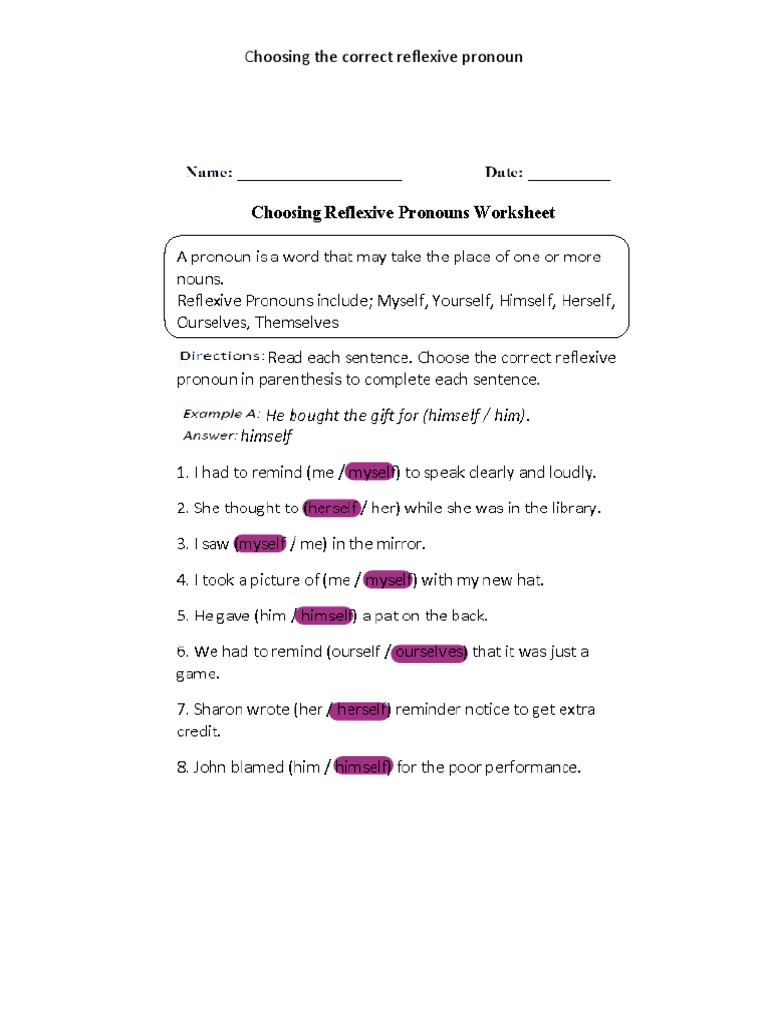 Exercises On Reflexive Pronouns | PDF