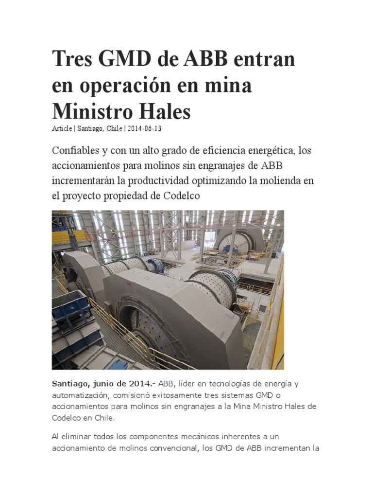 GMD de ABB optimizan mina Ministro Hales | PDF | Molino (molienda ...