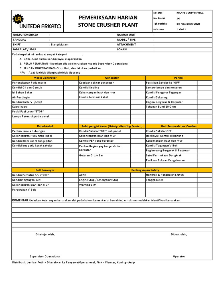 44 Form Pemeriksaan Harian Stone Crusher Plant. | PDF