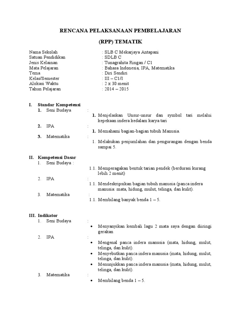 RPP Tema Diri Sendiri | PDF