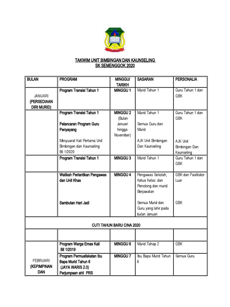 Takwim-Unit-Bimbingan-Dan-Kaunseling-2020 SK SEMENGGOK | PDF