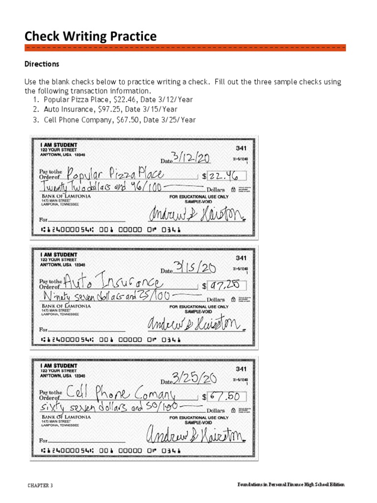 High School Check Writing Practice | PDF