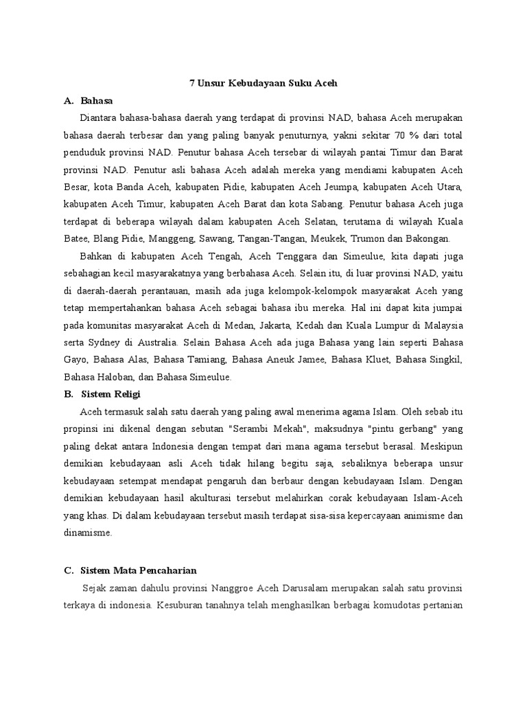 Unsur Kebudayaan Suku Aceh | PDF