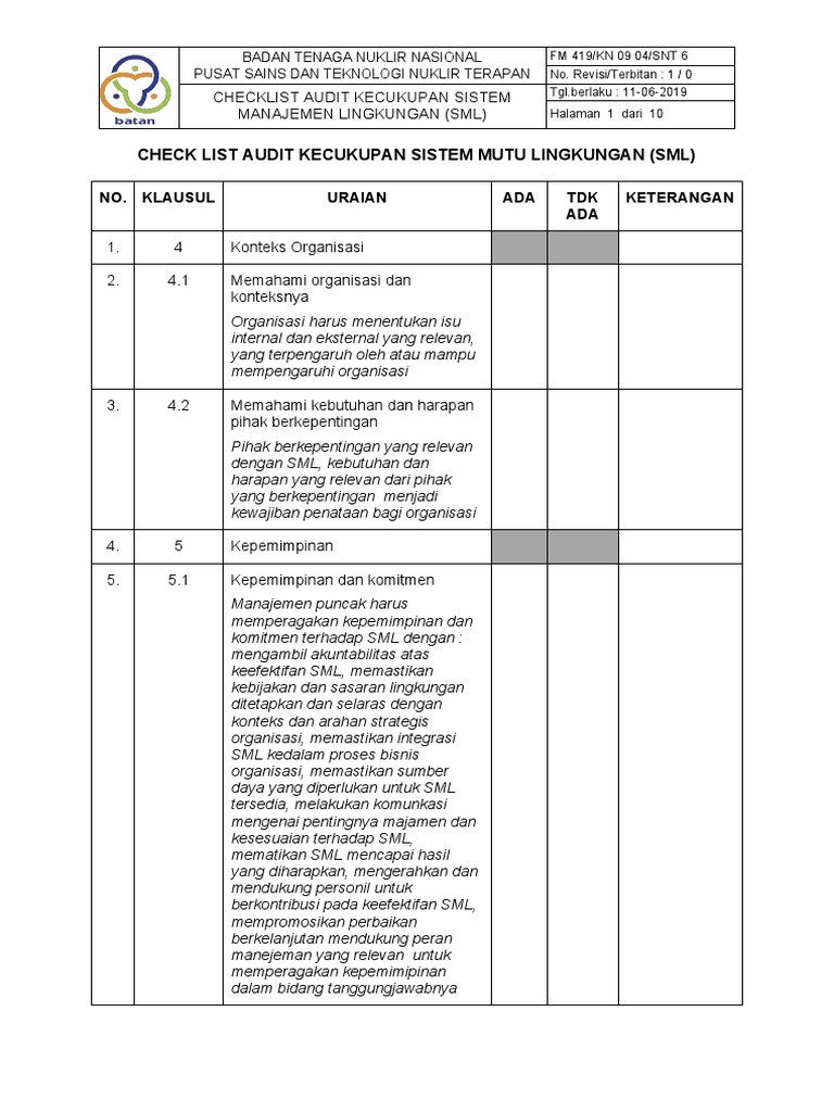 CheckList Audit Kecukupan SML | PDF | Karier & Perkembangan