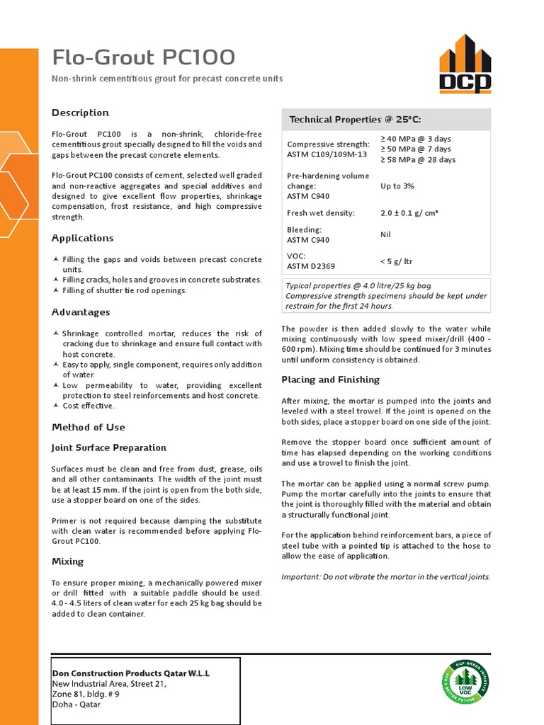 Flo-Grout PC100 - TDS | PDF | Concrete | Building Engineering