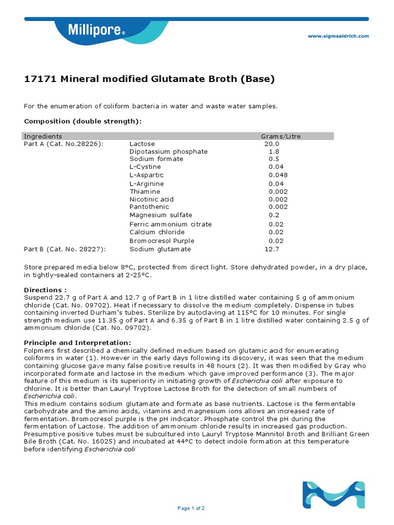 Mineral Modified Glutamate Broth (Base) : Composition (Double Strength ...