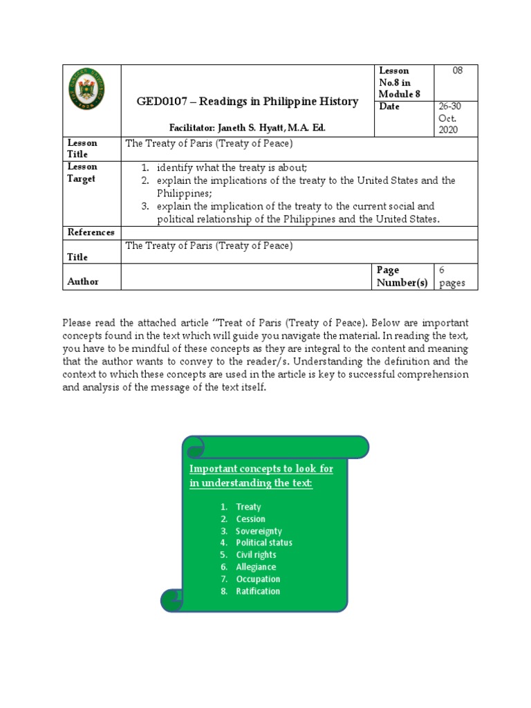Lesson 8 - Treaty of Paris | PDF | Question | Reading Comprehension