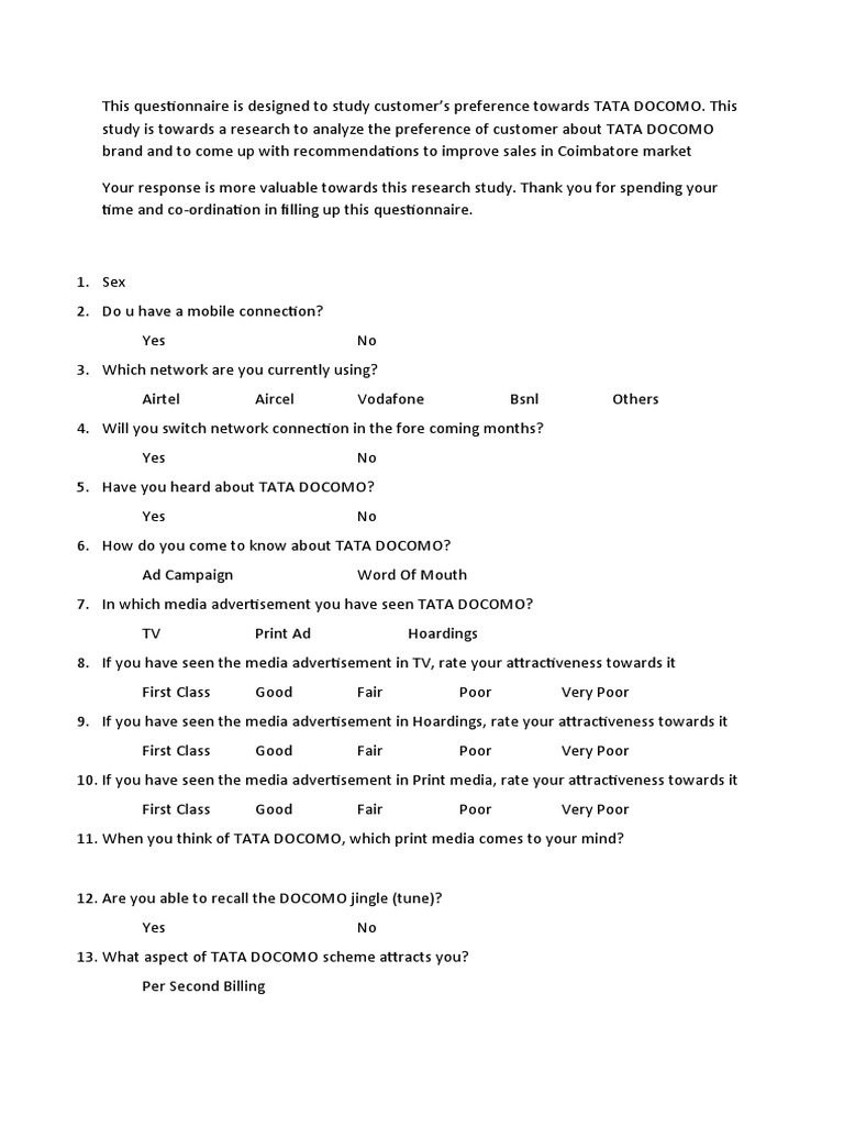 TATA DOCOMO Customer Preference Survey | PDF