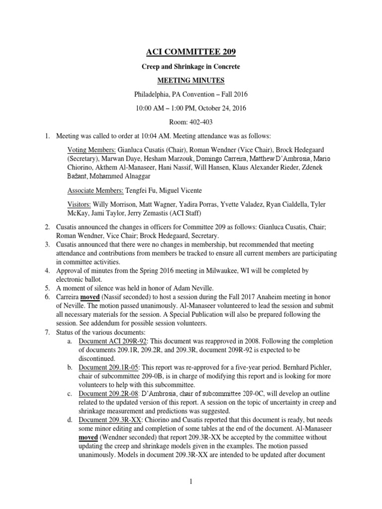 Aci Committee 209: Creep and Shrinkage in Concrete Meeting Minutes ...