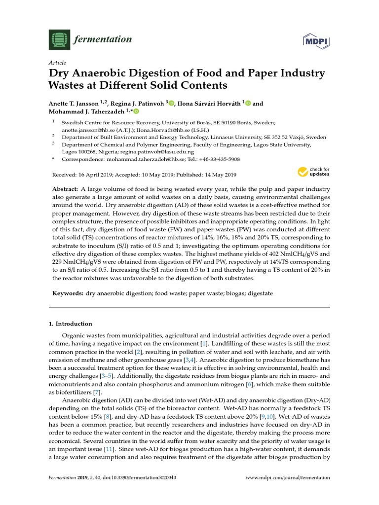 Dry Anaerobic Digestion of Food and Paper Industry Wastes at Di | PDF ...