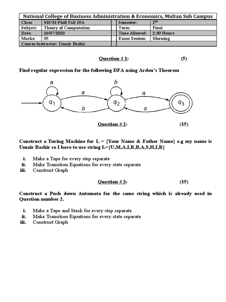 Final Term Exam Theory of Computation | PDF