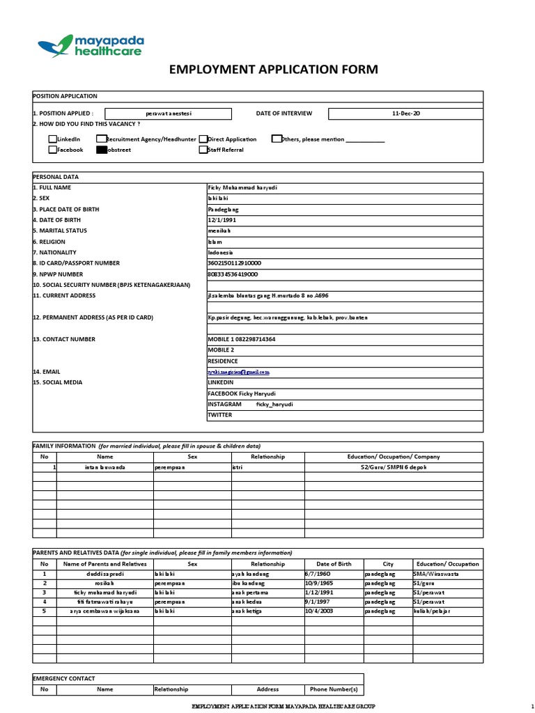 Mayapada Healthcare Job Application Form | PDF | Employment | Social ...