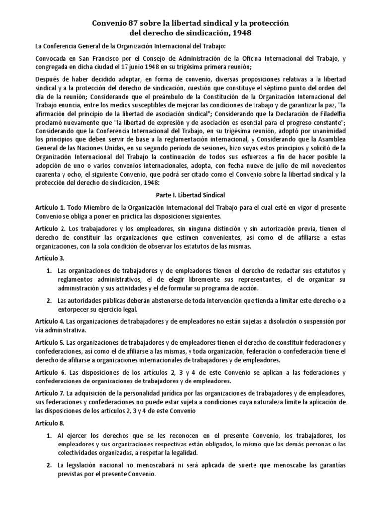 Convenio 87 OIT Sobre La Libertad Sindical y La Protección Del Derecho de Sindicación, 1948 ...