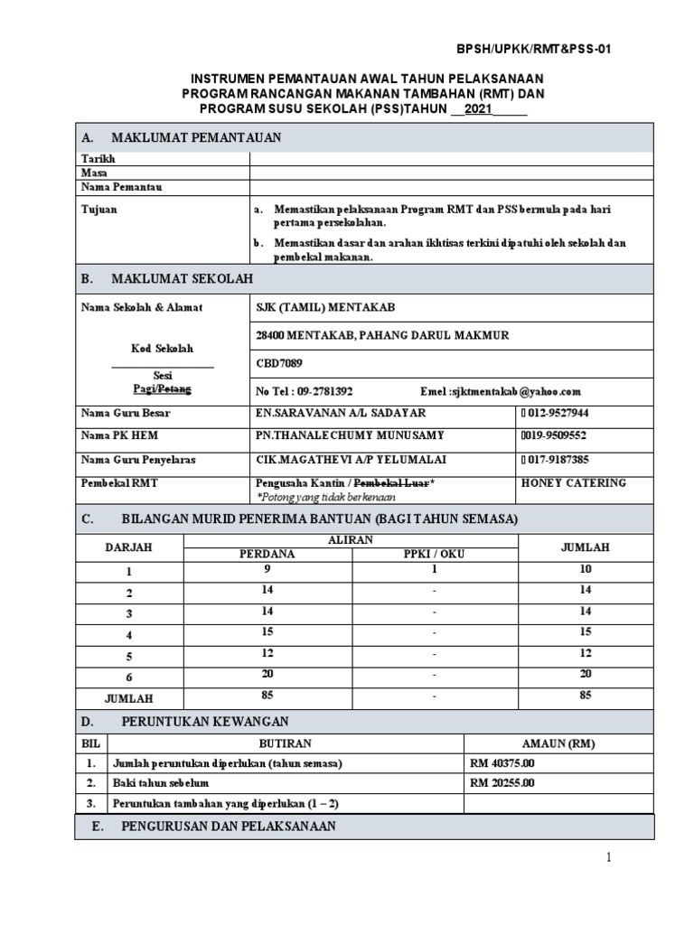 Instrumen Pemantauan Awal Tahun RMT & PSS | PDF