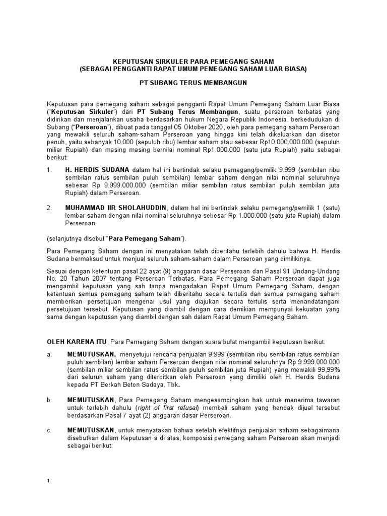 Draft Surat Keputusan para Pemegang Saham PT STM Re Penjualan Saham H ...