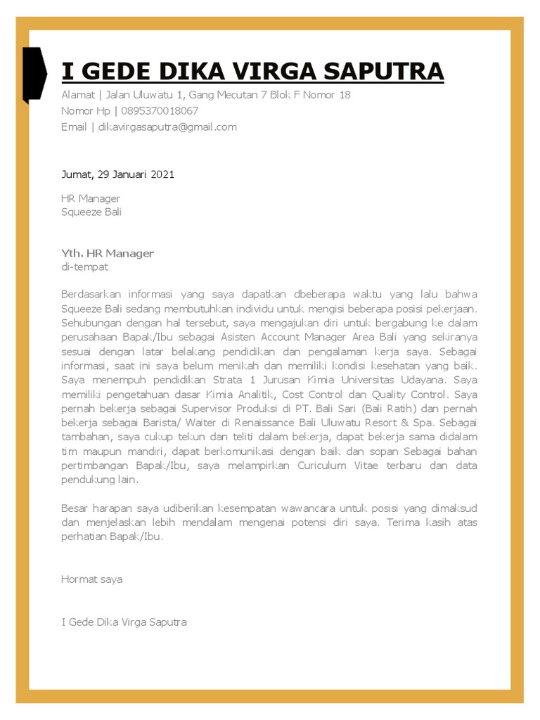 Surat Lamaran Kerja I Gede Dika Virga Saputra - Asisten Account Manager Area Bali | PDF