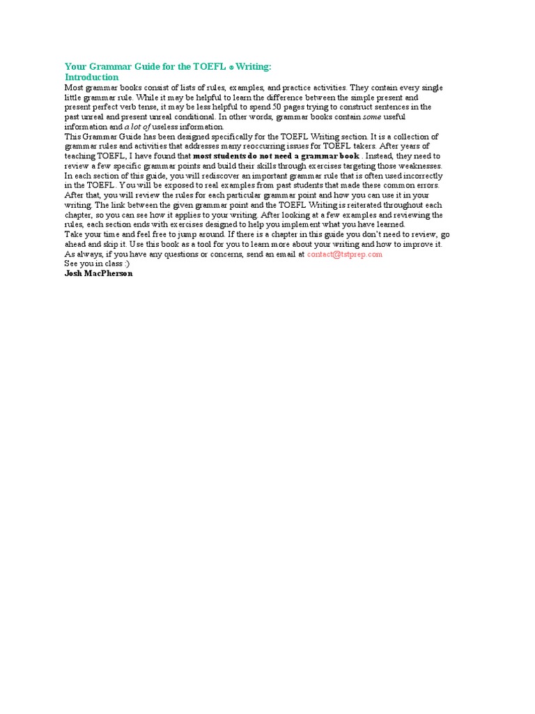 Your Grammar Guide For The Toefl Writing:: Josh Macpherson | PDF
