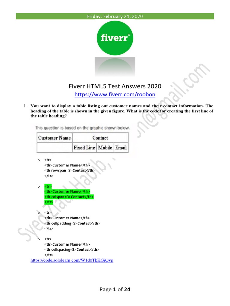 Fiverr HTML5 Test Answers 2020 | PDF | Html Element | Html