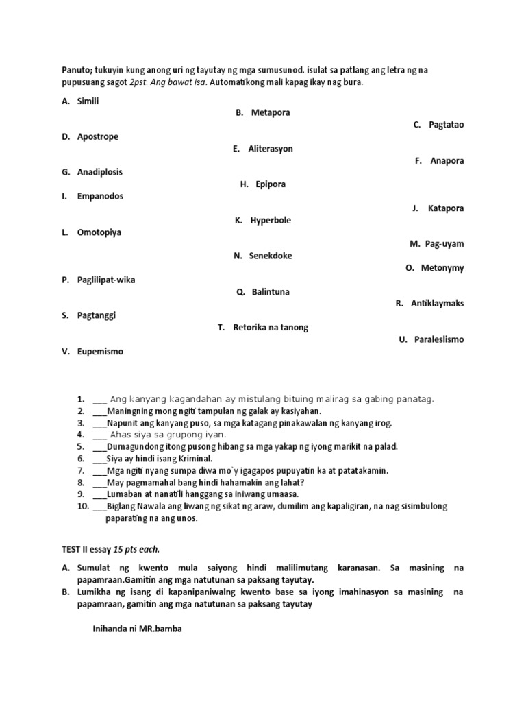 Tayutay Tanong Sikwenta Puntos | PDF