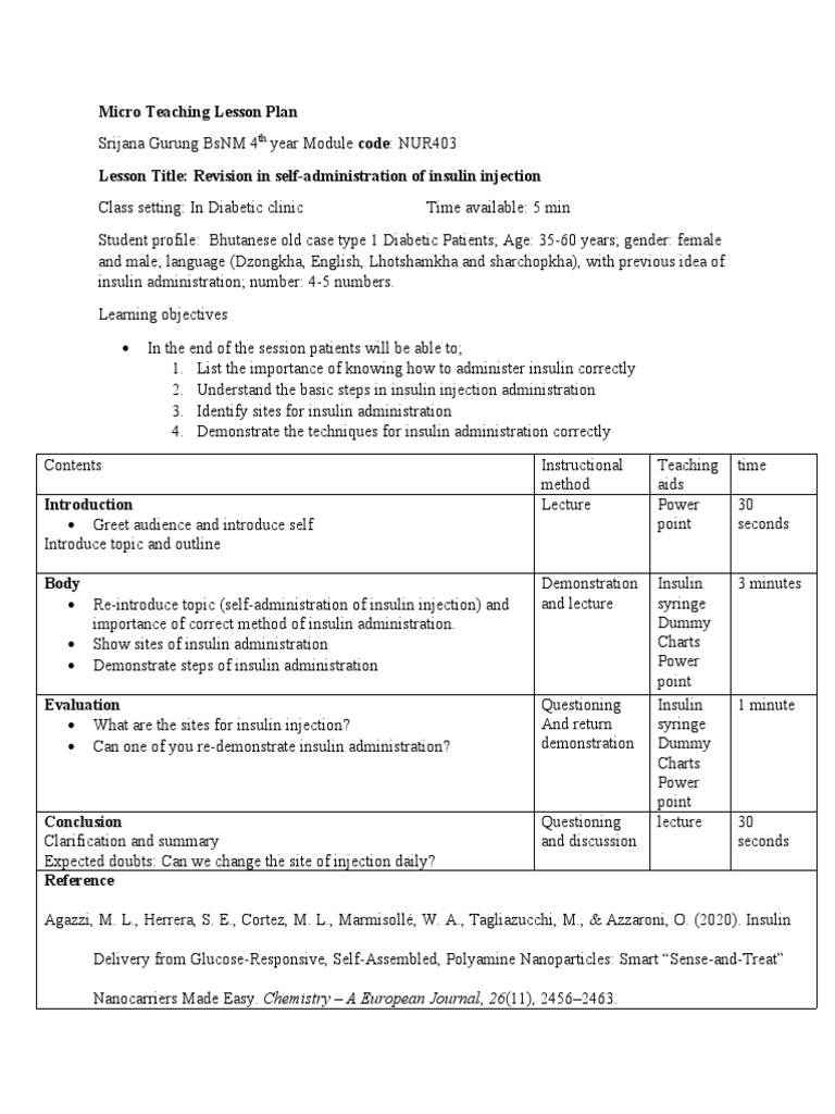 Micro Teaching Lesson Plan | PDF | Insulin | Syringe