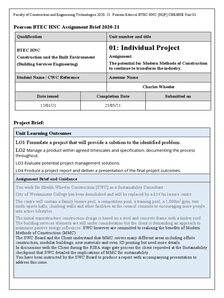 01: Individual Project: Pearson BTEC HNC Assignment Brief 2020-21 | PDF ...