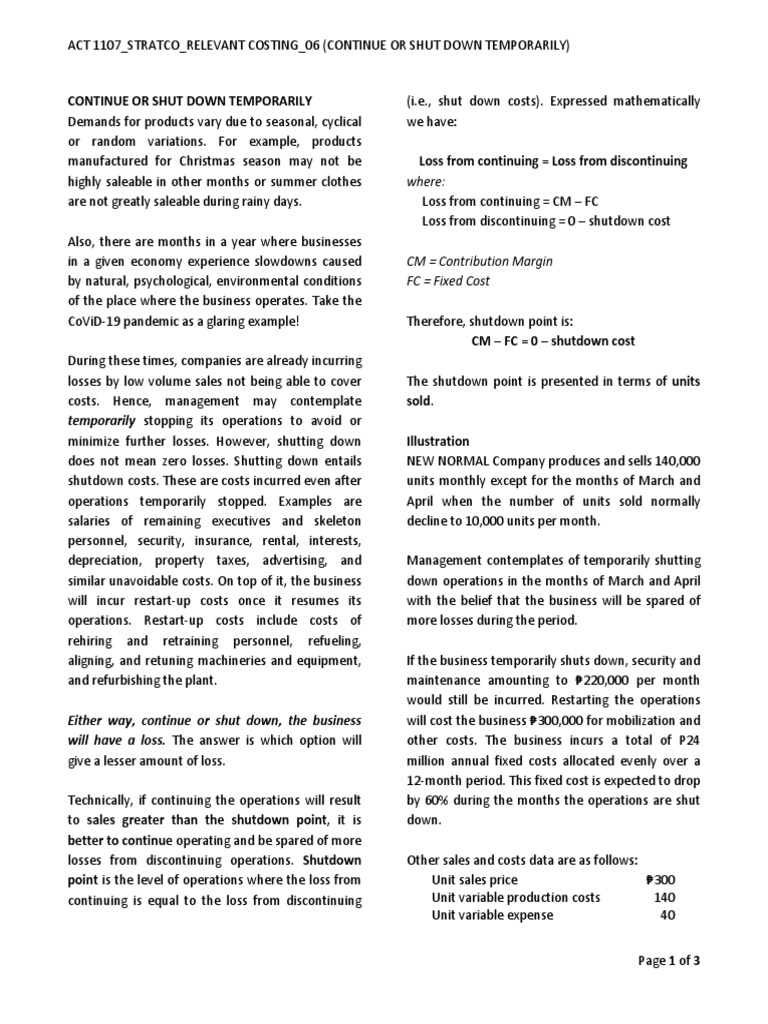Stracoma Relevant Costing 06 Continue or Shut Down Temporarilypdf Compress | PDF | Economics ...