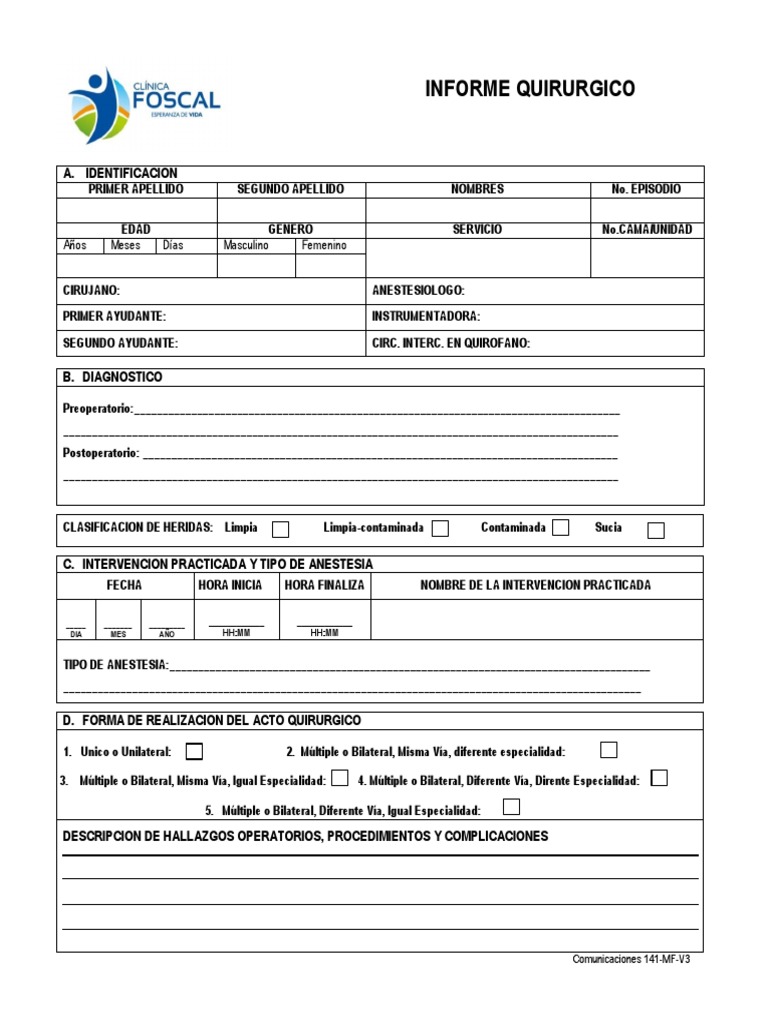 Informe Quirurgico | PDF | Cirugía | Especialidades Medicas