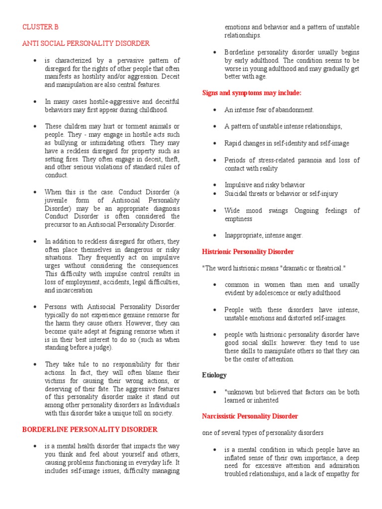 Signs and Symptoms May Include:: Cluster B Anti Social Personality ...