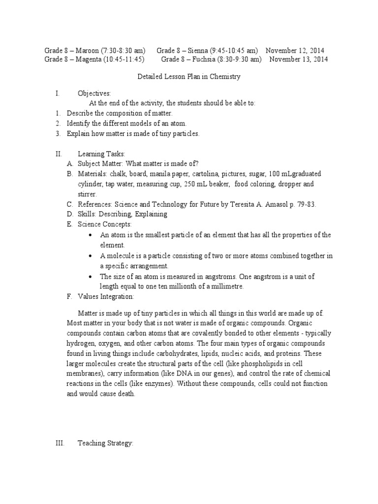 Detailed Chemistry Lesson Plan for Grade 8 | PDF | Atoms | Matter