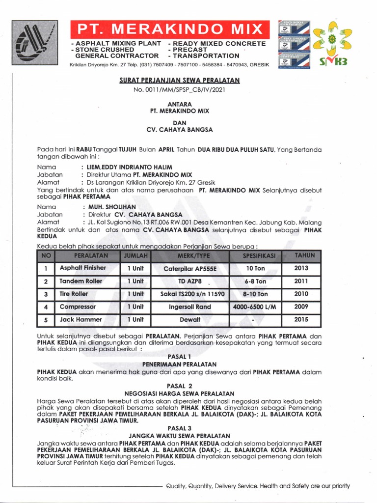 Perjanjian Sewa PT Merakindo Mix | PDF