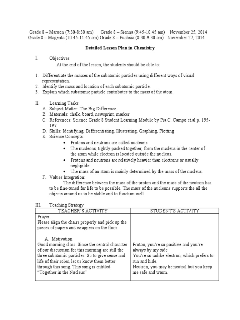Detailed Lesson Plan in Chemistry | PDF | Atomic Nucleus | Proton