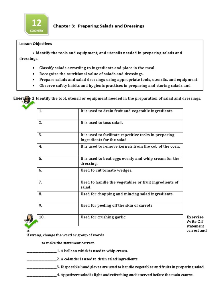 Chapter 3: Preparing Salads and Dressings: Lesson Objectives | PDF ...
