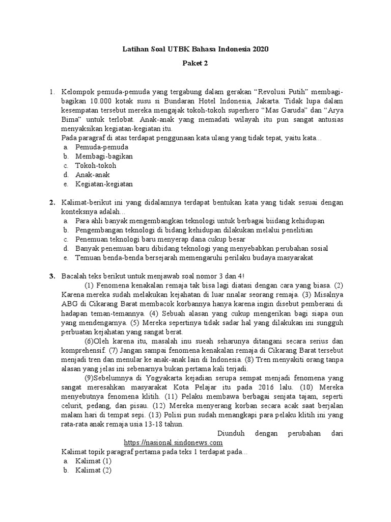 Latihan Soal UTBK Bahasa Indonesia 2020 | PDF