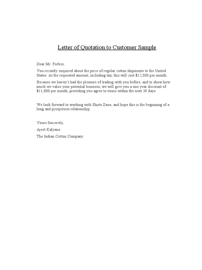 Letter of Quotation To Customer Sample | PDF