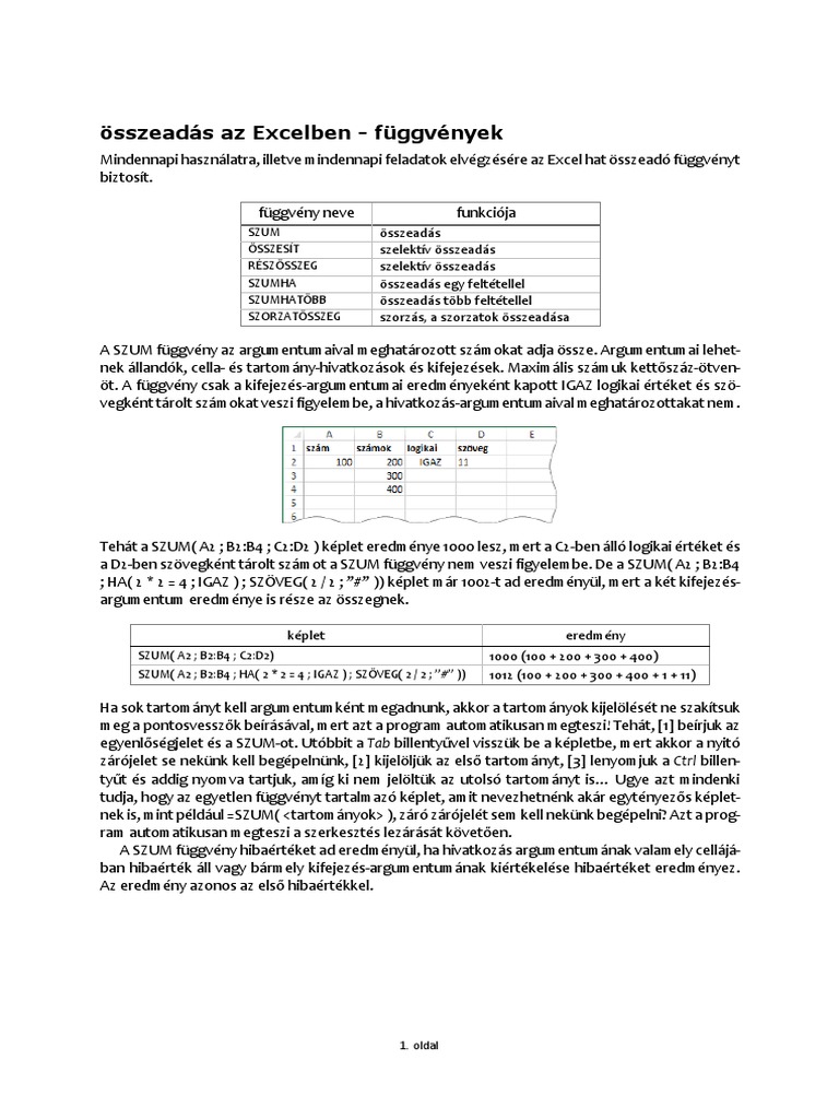 Osszeadas Az Excelben Fuggvenyek | PDF