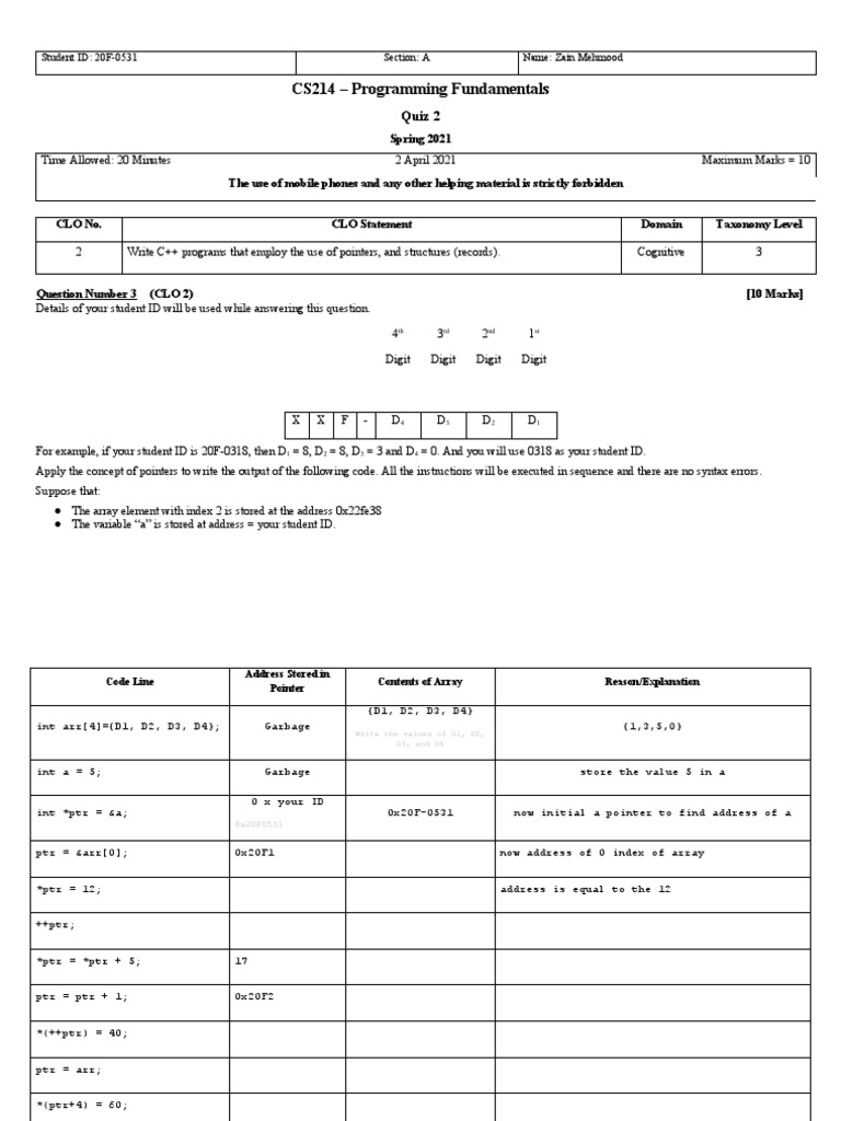 CS214 - Programming Fundamentals: Quiz 2 | PDF | Pointer (Computer ...