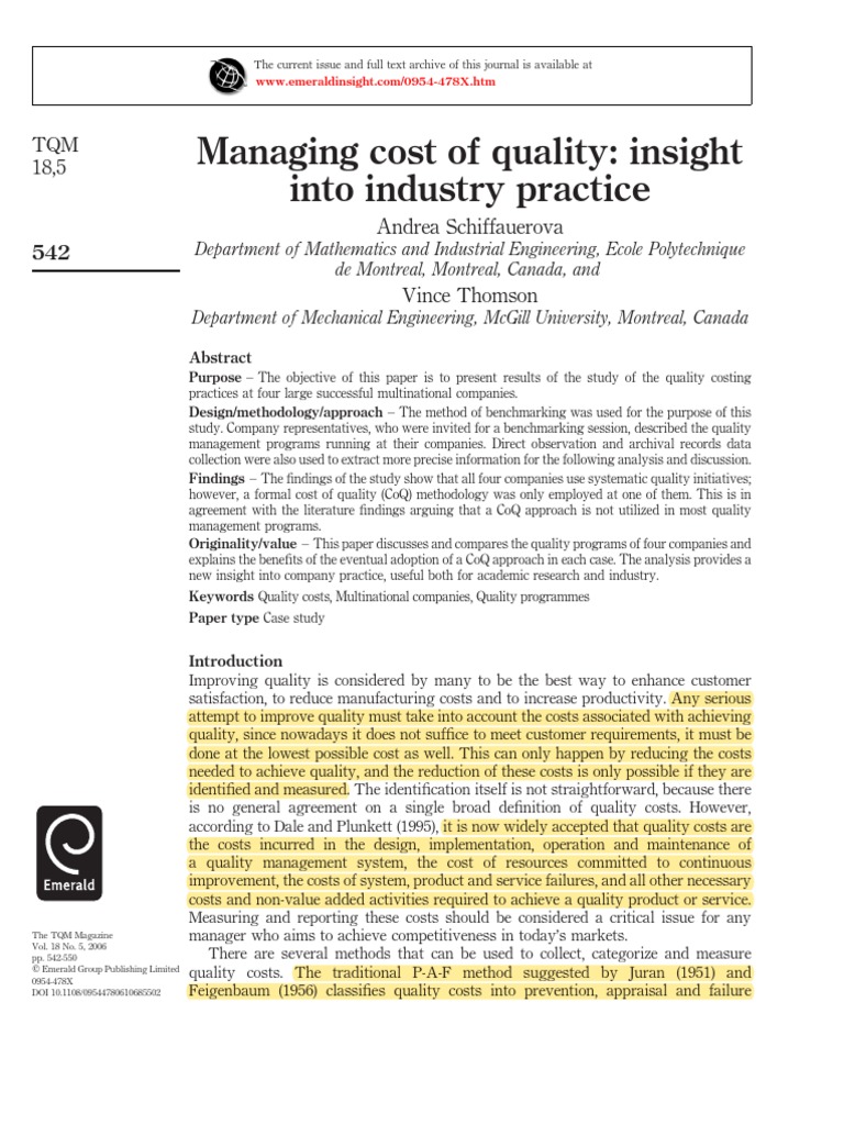 Managing Cost of Quality Insight Into Industry Practice | PDF ...
