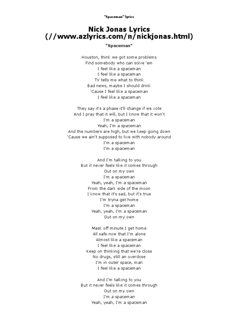 Nick Jonas - Spaceman Lyrics | PDF | Religion & Spirituality | Poetry