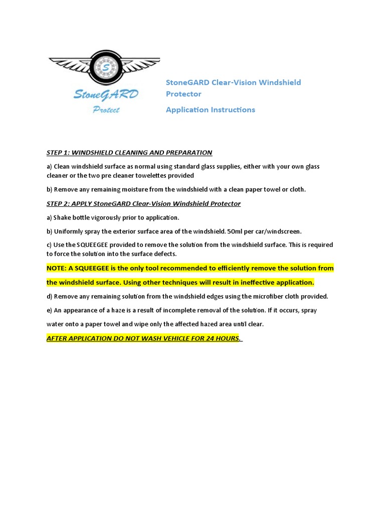Stonegard Clear-Vision Windshield Protector Application Instructions | PDF
