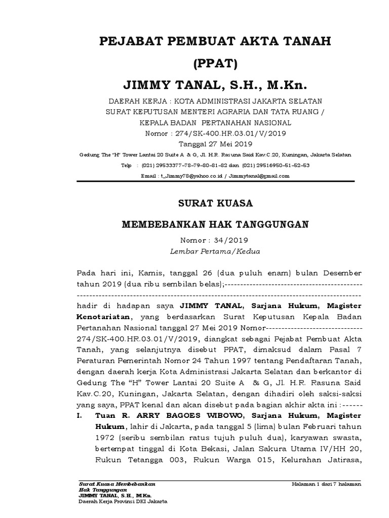 Contoh Akta - Surat Kuasa Membebankan Hak Tanggungan (SKMHT) | PDF
