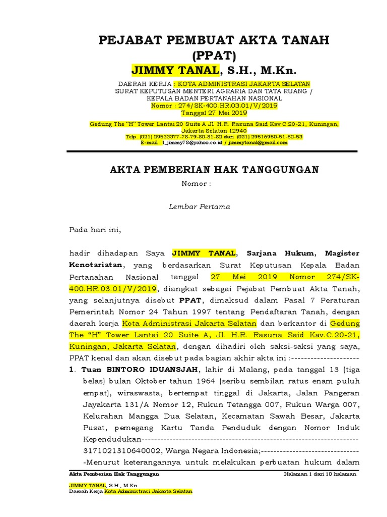 Contoh Akta - Pemberian Hak Tanggungan (APHT) | PDF