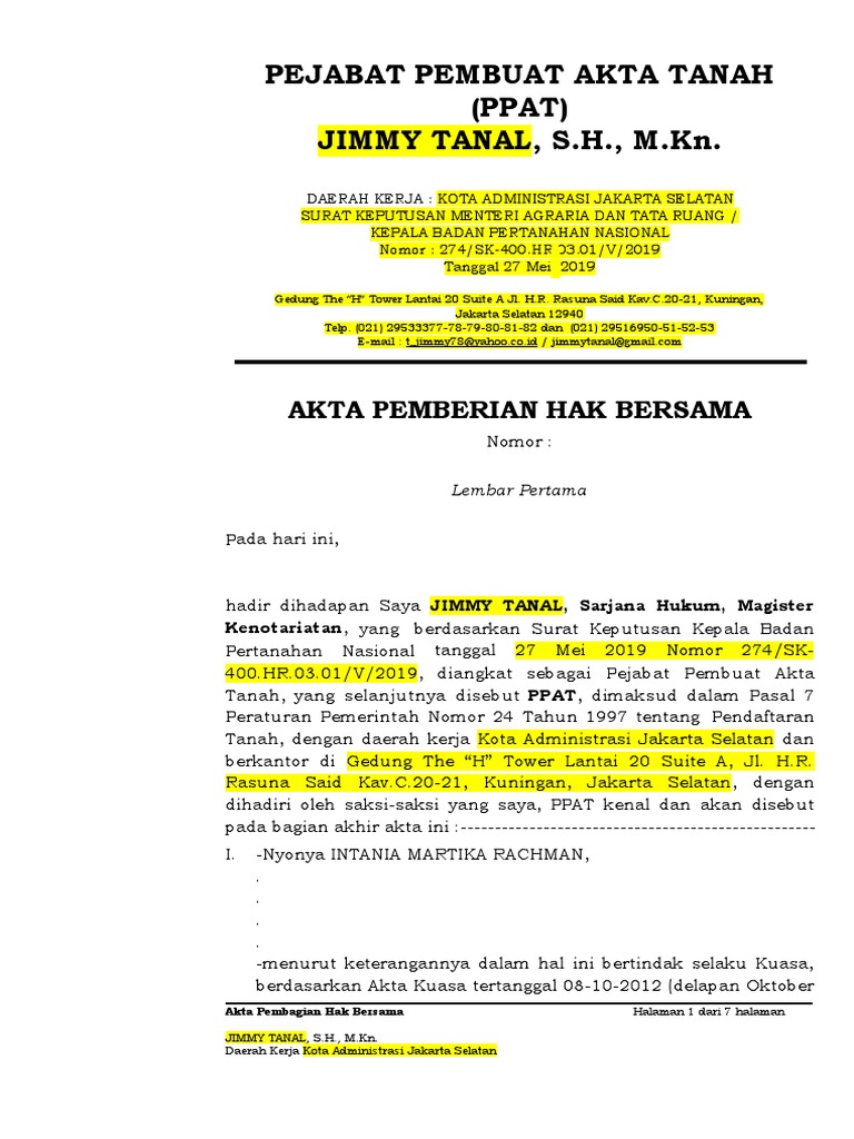 Contoh Akta - Akta Pembagian Hak Bersama (APHB) | PDF Contoh Akta - Akta Pembagian Hak Bersama (APHB) | PDF