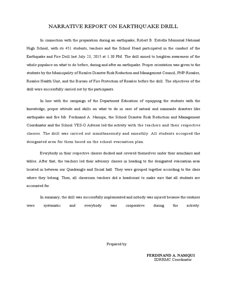 Narrative Report On Earthquake Drill 2015 | PDF | Human Nature ...