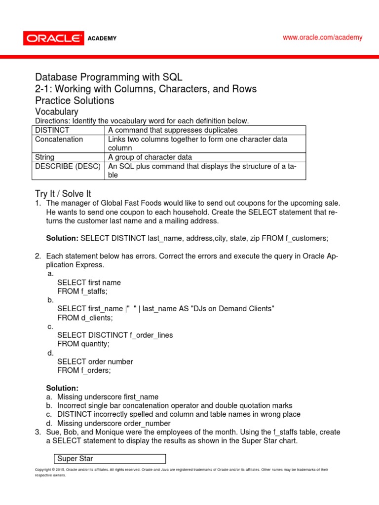 Database Programming With Sql 2 1 Working With Columns Characters And Rows Practice Solutions